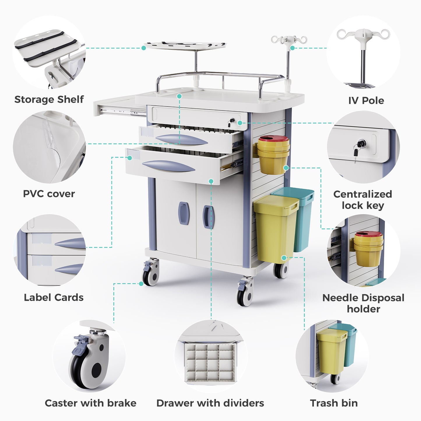 Medical Cart Medical Rolling Crash Cart With Accessories-CPR Board, IV ...
